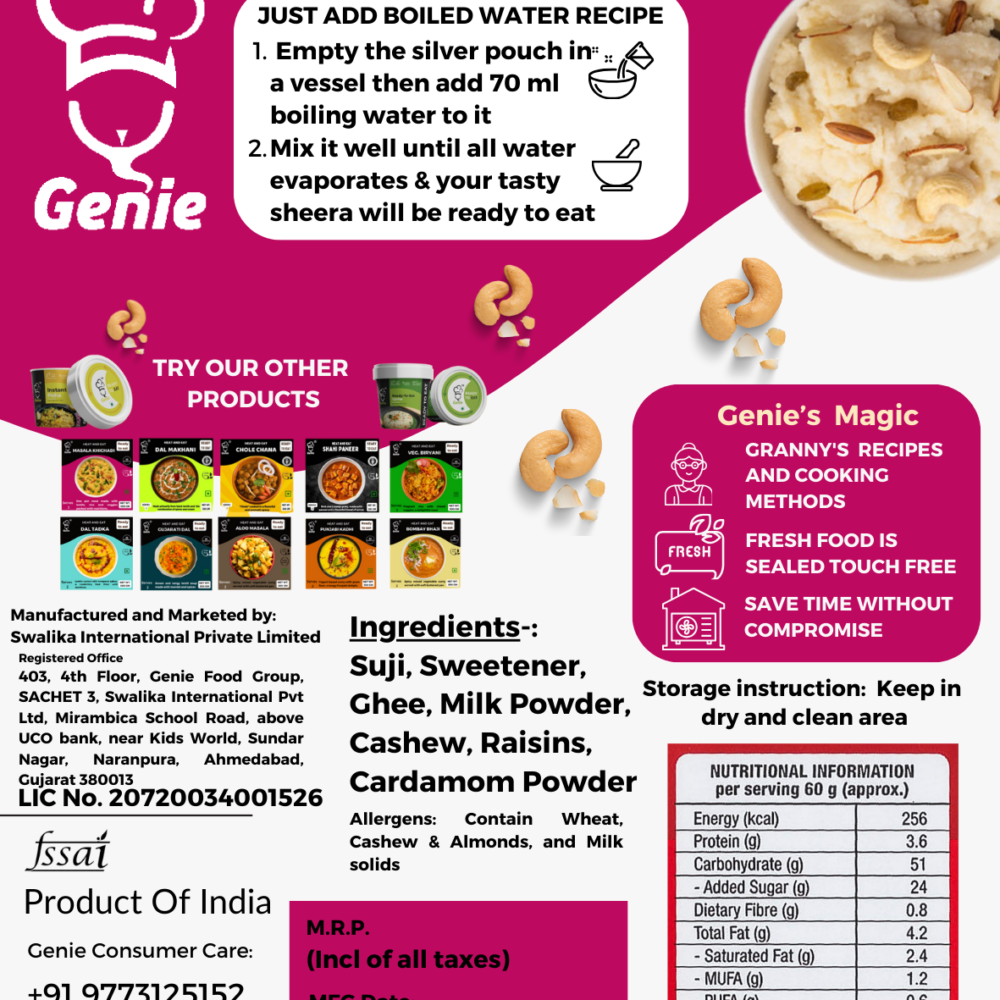 Suji Halwa Jaggery | Genie Food Ready to Eat Dessert - Genie Food Group