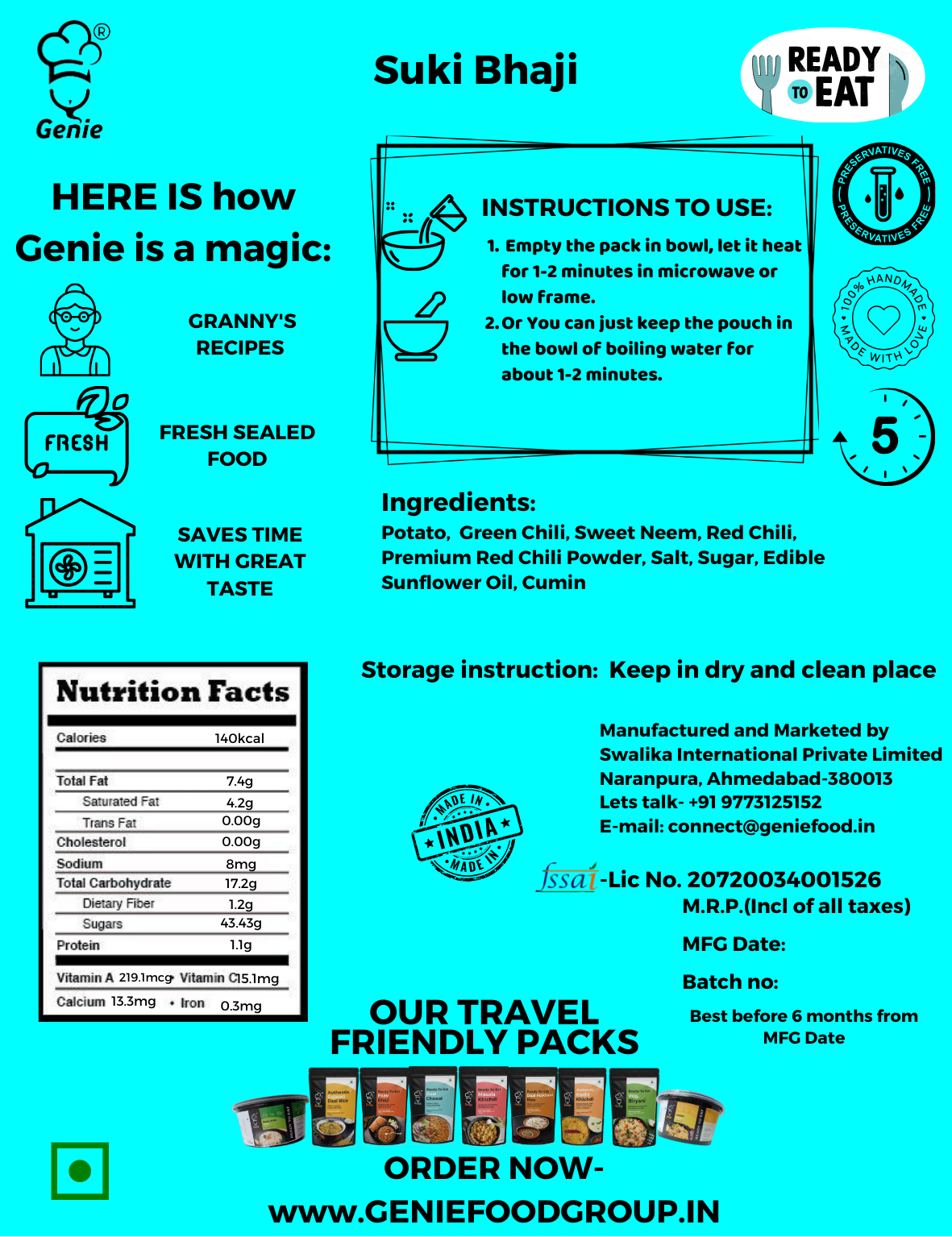 Genie's Ready to Eat Aloo Suki Bhaji - Genie Food Group