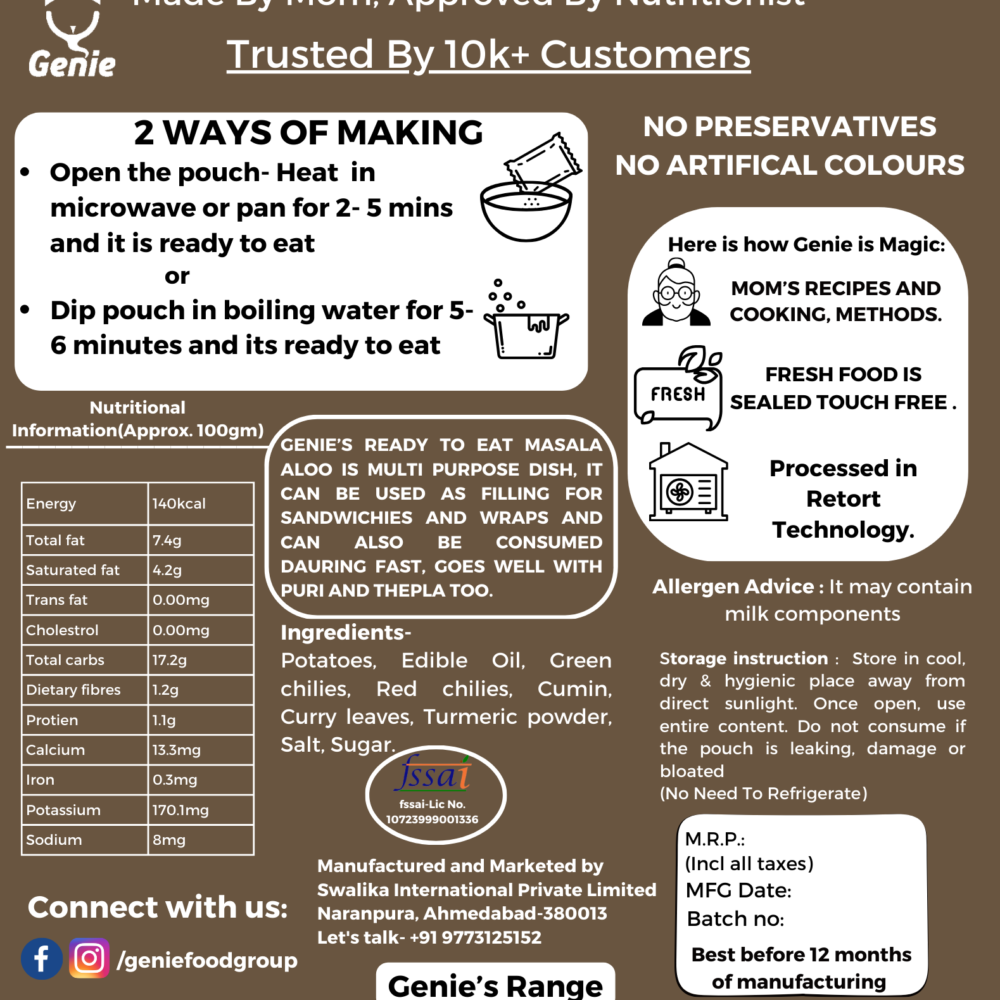 Ready to Eat Aloo Masala | Genie Food Instant Curry - Genie Food Group